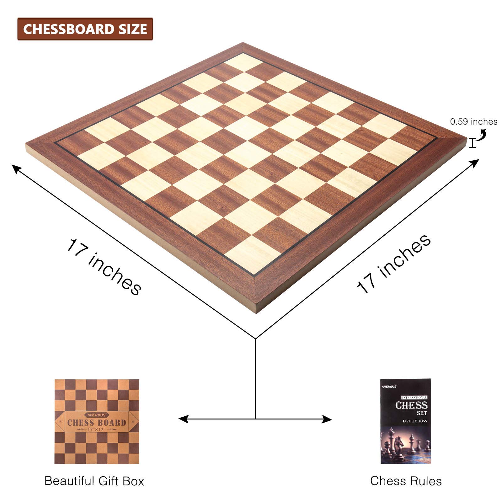 AMEROUS 17 x 17 Inches Wooden Chess Board Only, Professional Tournament Chess Board Large with Chess Rules/Gift Package, Chess Board Game for Kids, Adults