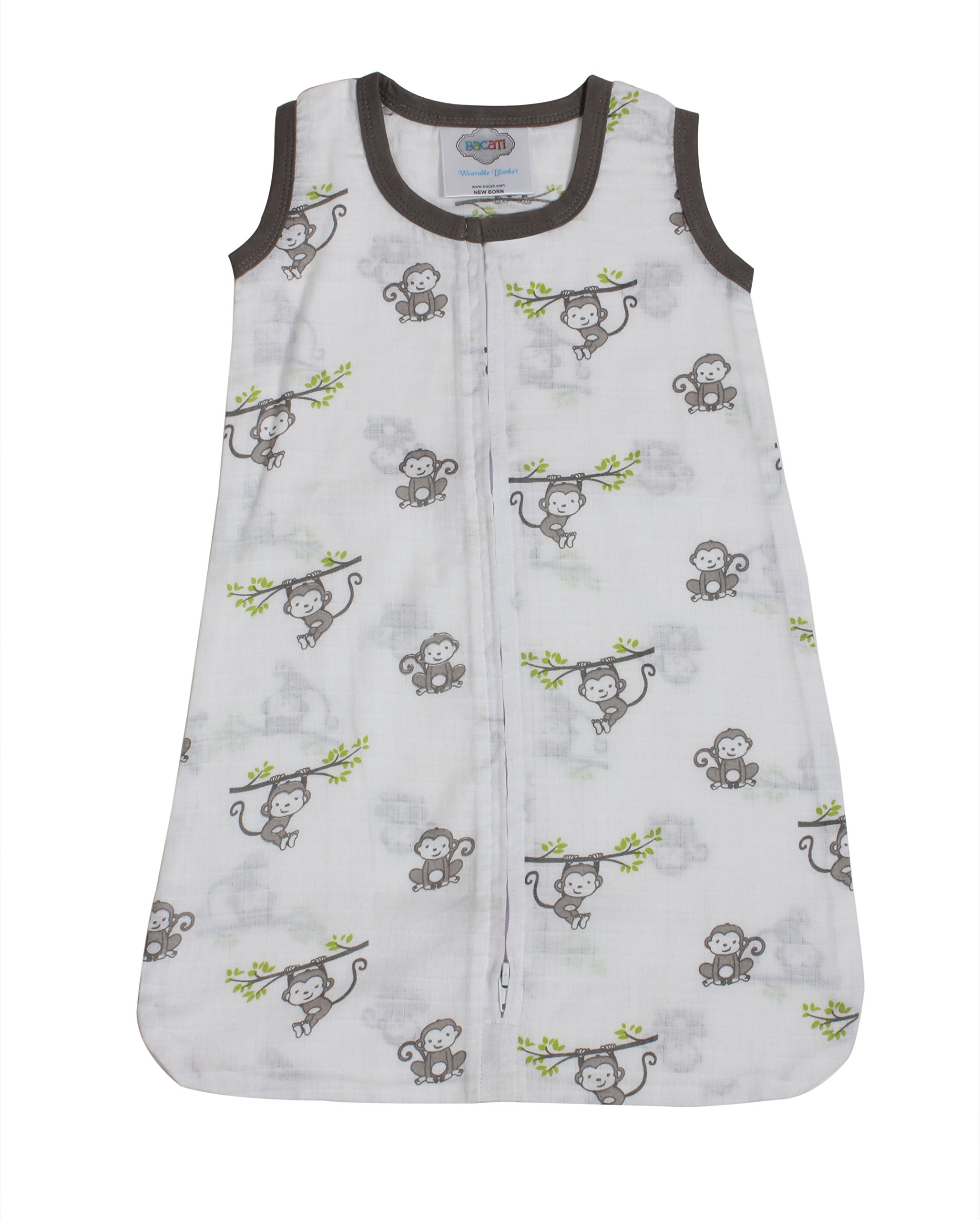 Bacati - Muslin Happy Monkeys Sleeping Bag (Wearable Blankets) (Small, Gray)