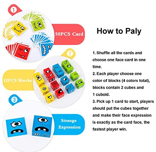 TACY Expressions Matching Wood Blocks Toy Making Emotion Game Challenge Cards for Children's Logical Thinking Intellectual Training Toys Parent-Child Board Game