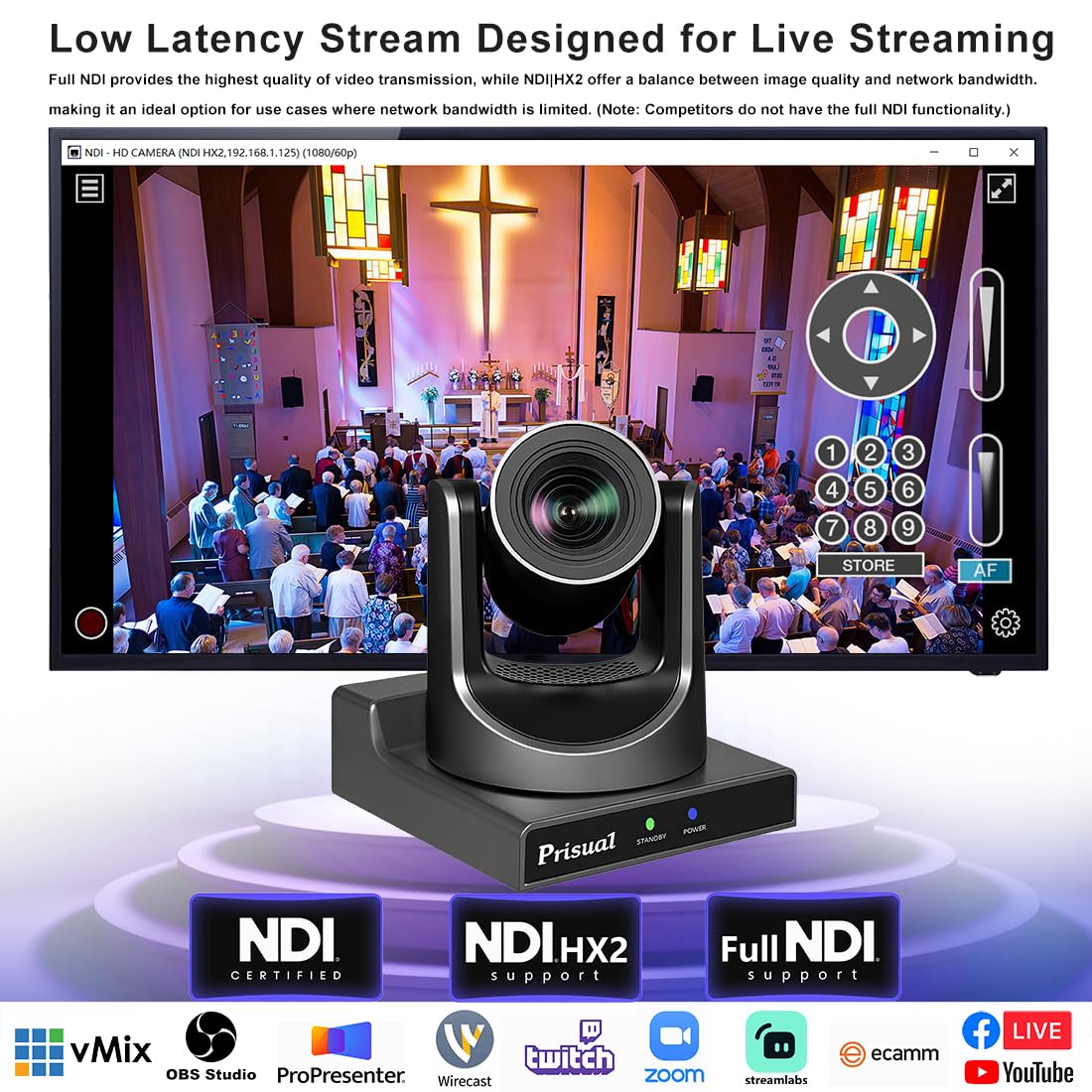 Prisual Full NDI Camera 20X Optical Zoom Live Streaming Auto Tracking Camera with HDMI/3G-SDI/USB/NDI 60fps Video Output for Video Production (Embed Latest Newtek NDI SDK)