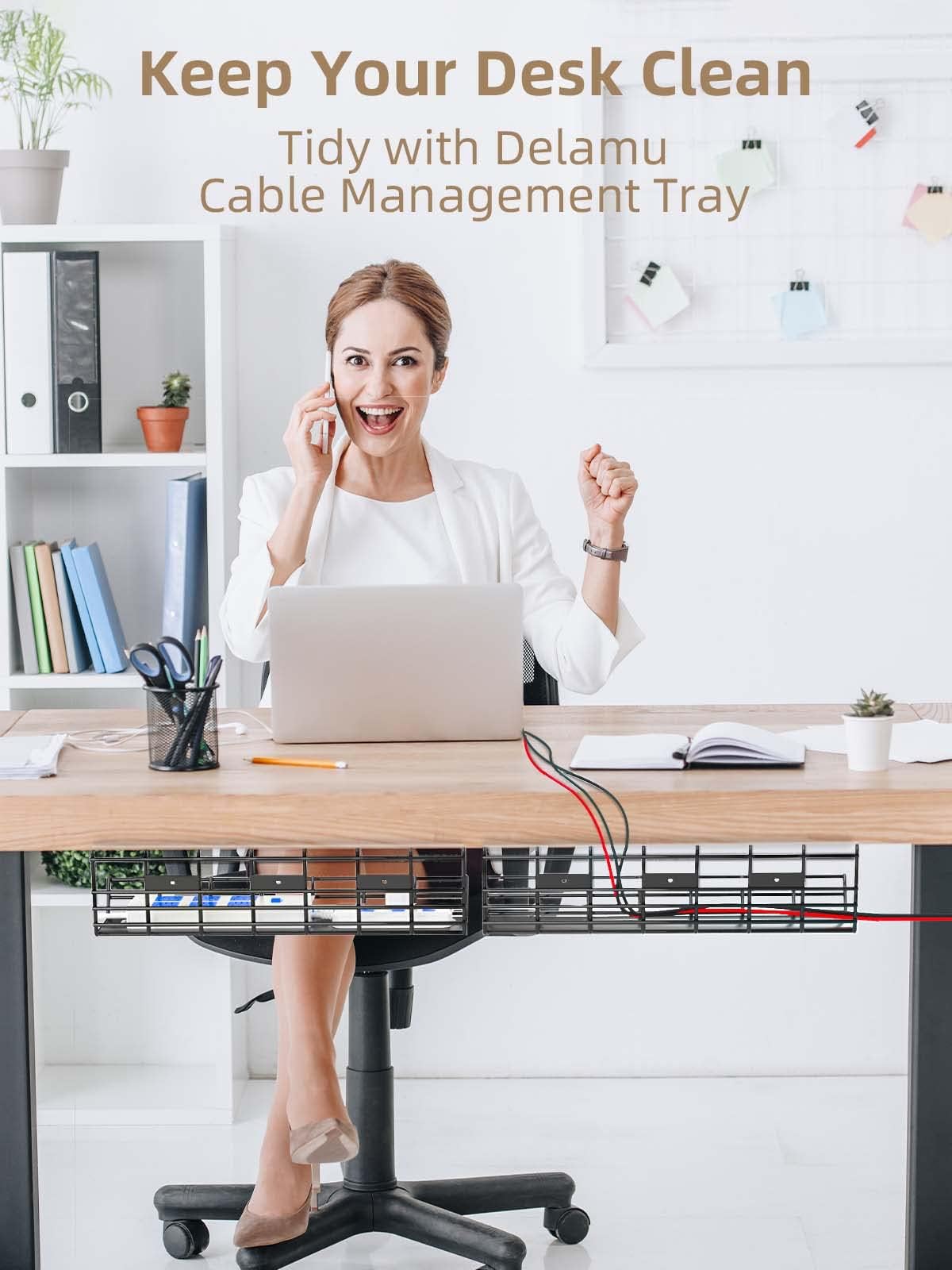 2 Pack Under Desk Cable Management Tray, 16.5'' Desk Cable Organizer Metal Wire Cord Management Under Desk Organizer for Office, Home, Black