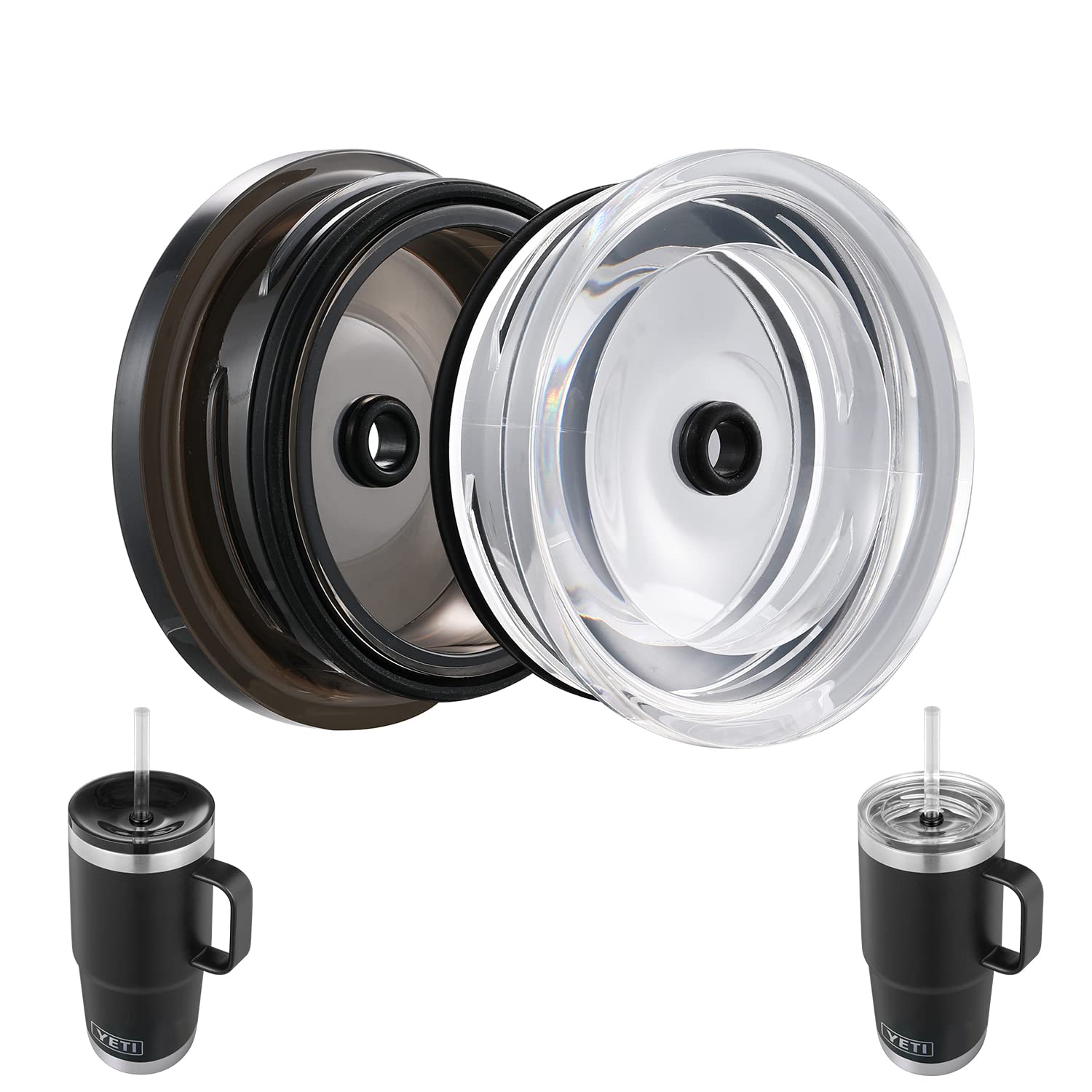 2pack Screw-on Straw Lid, Fit YETI Stronghold Travel Mug ONLY (Black+Clear, 20 oz)