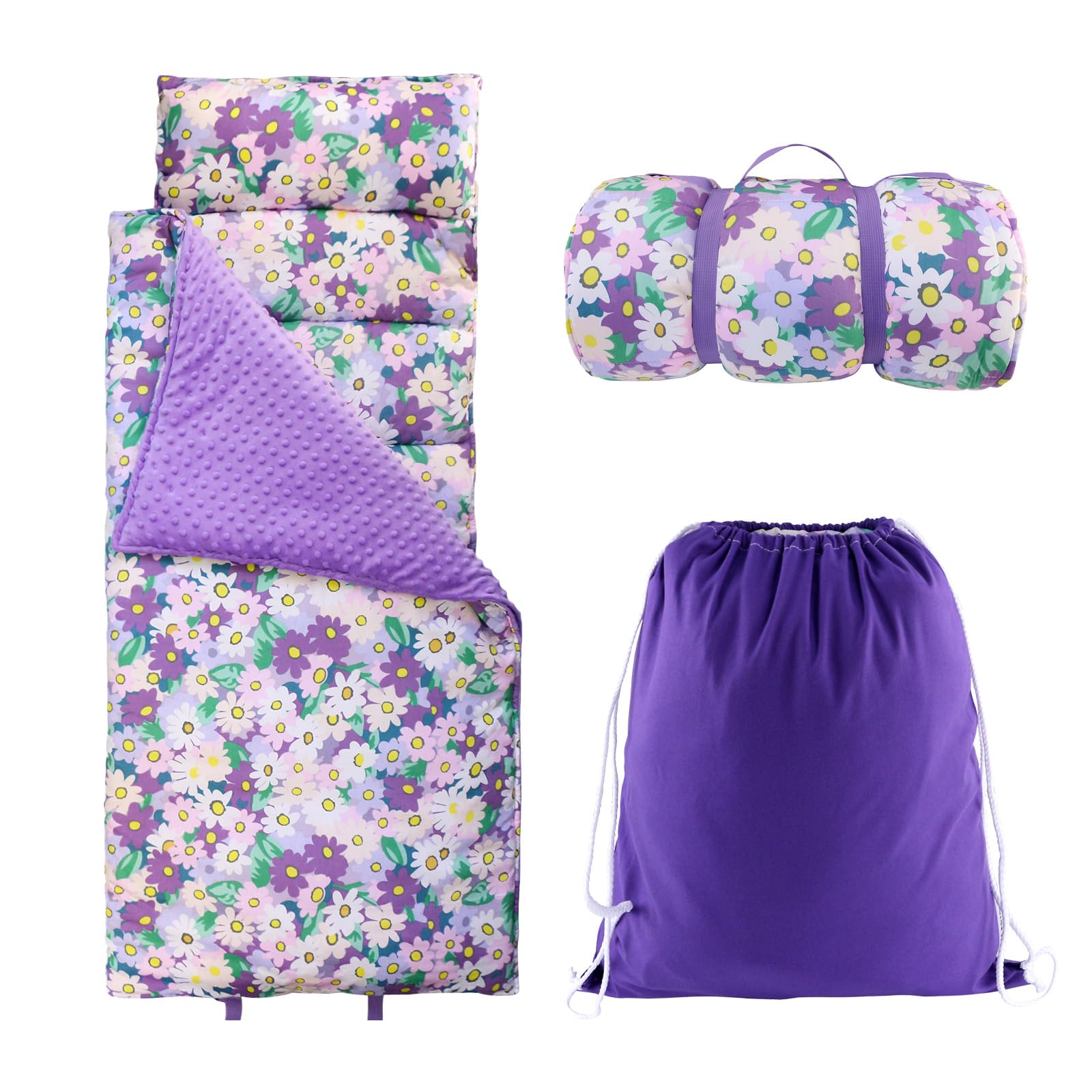 Hi Sprout Minky Dot Toddlers Nap Mat with Removable Pillow and Soft Blanket, Lightweight Daycare Preschool Kindergarten Sleeping Bag, Travel Slumber for Kids Girls Boys- Blooming Flowers