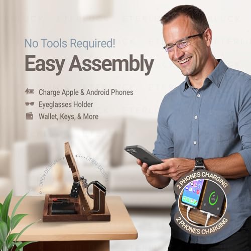 ETERLUCK Wooden Docking Station Men, Nightstand Organizer Bundle w/RFID Blocking Leather Wallet - Charging Station, Cell Phone Stand, Tablet Stand, Husband Gifts from Wife, for Dad - Walnut