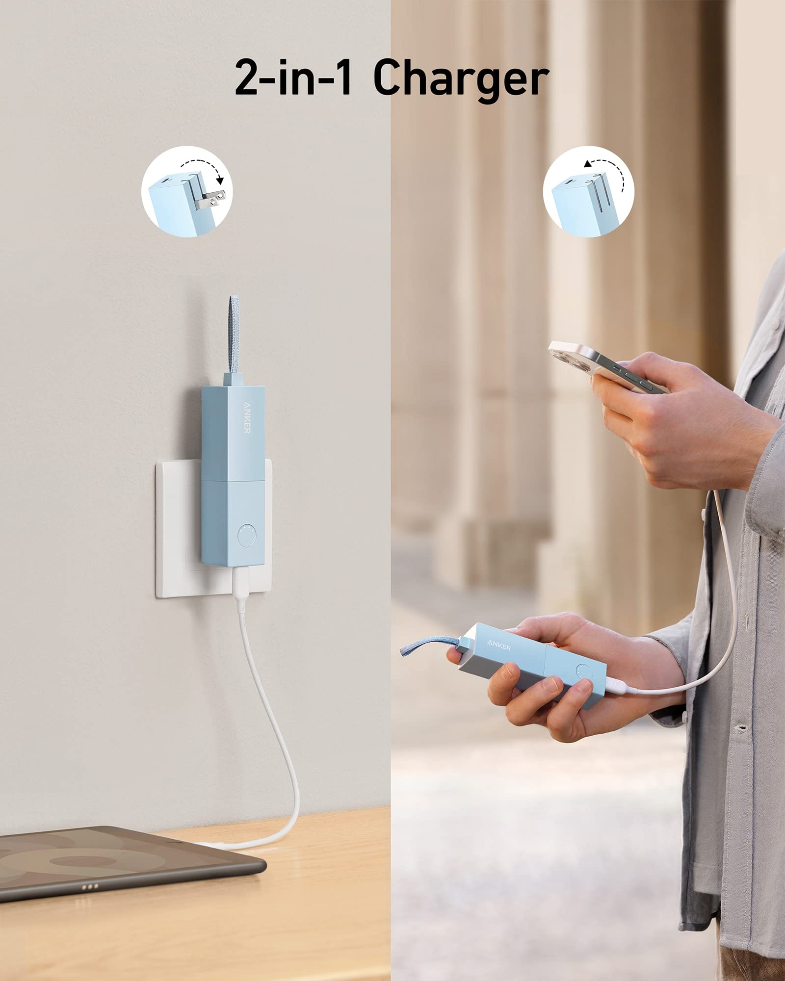 Anker Portable Charger, 2-in-1 Hybrid Charger, 5,000 mAh 20W Power Delivery for iPhone 15/15 Plus/15 Pro/15 Pro Max, iPhone 14/13/12 Series, Samsung S22, Google Pixel, Apple Watch, AirPods,and More