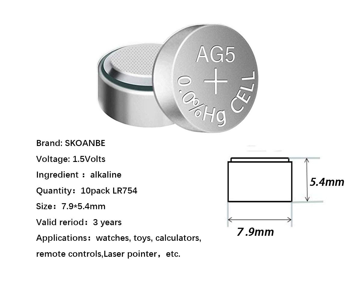 SKOANBE LR754 309/393 ag5 1.5V Watch Button Cell Batteries for Laser（10-Pack）