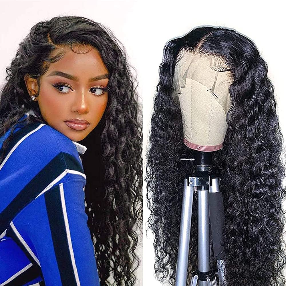 Kropan Water Wave Lace Front Wigs Brazilian Virgin Human Hair 13X4 Lace Frontal Wigs 180% Density Pre Plucked With Baby Hair Natural Black Wigs 18 Inch