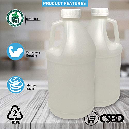 CSBD Clear Plastic Jugs with Child Resistant Lids, 2-Pack, Storage Containers with Ergonomic Handle, HDPE Construction for Residential or Commercial Use, 1/2 Gallon
