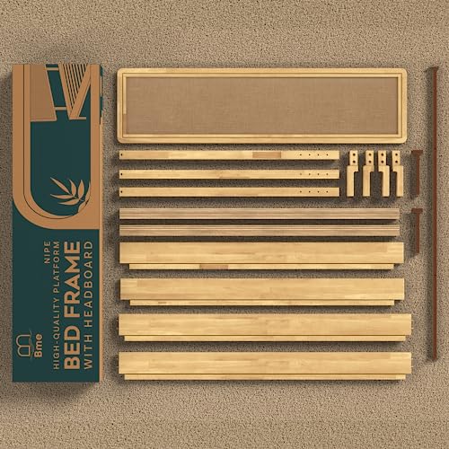 Bme Nipe 14 Inch Deluxe Bed Frame with Adjustable Headboard - Rustic & Bohemian Unique Style with Acacia Wood - No Box Spring Needed - 12 Strong Wood Slat Support - Easy Assembly - King, Natural