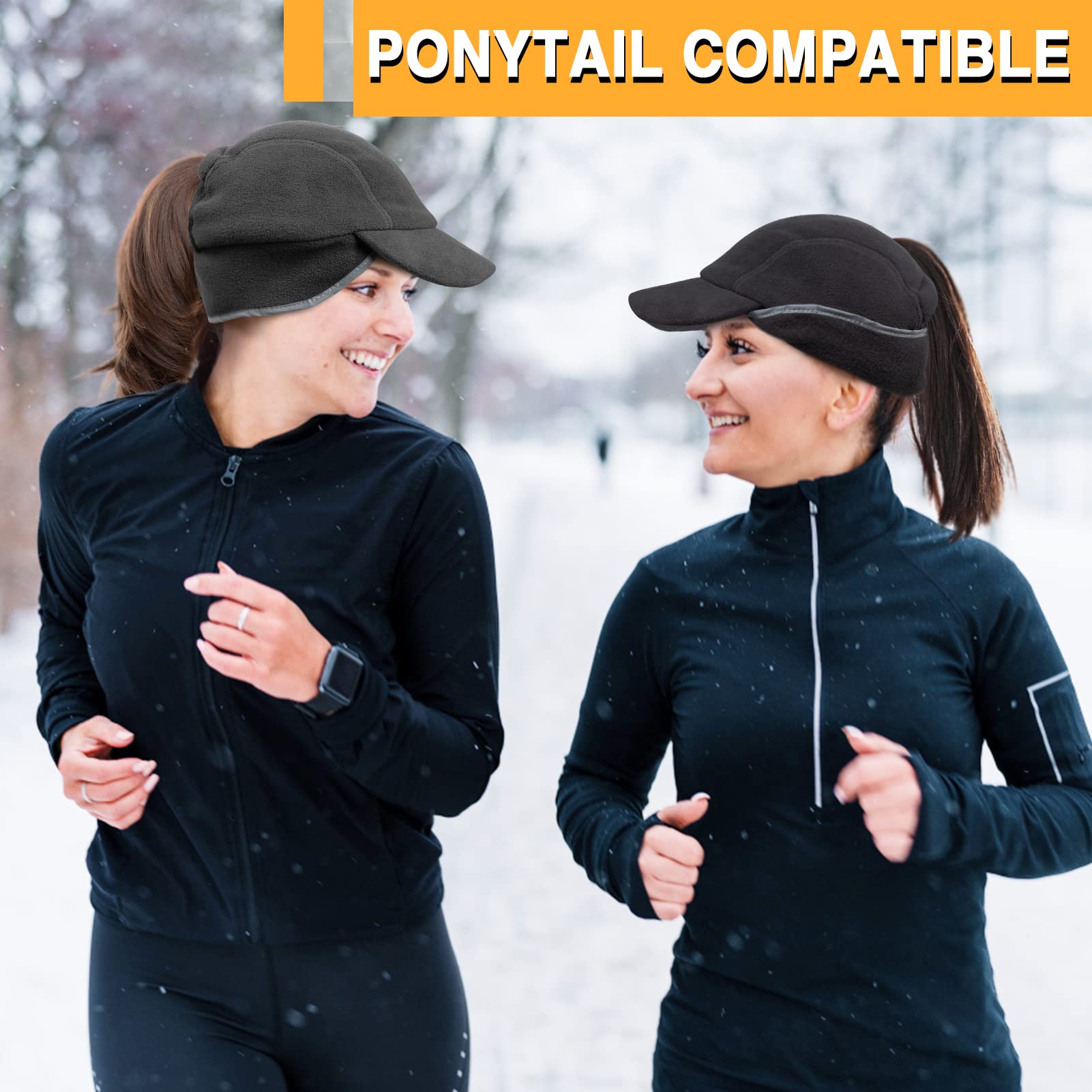 2 PCS Fleece Ponytail Hat, Reflective Women Winter Hats with Drop Down Ear Warmer, Soft Elastic Warm Caps for Outdoor Running Walking Yoga (Dark Grey + Black)