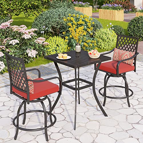 PHI VILLA Patio Bar Set, 3 pcs Outdoor Metal Bar Set with 2 Swivel Cushioned Stools & 31" Square Patio Bar Table with Umbrella Hole, Outdoor Furniture Set for Patios Backyard, Porches or Garden