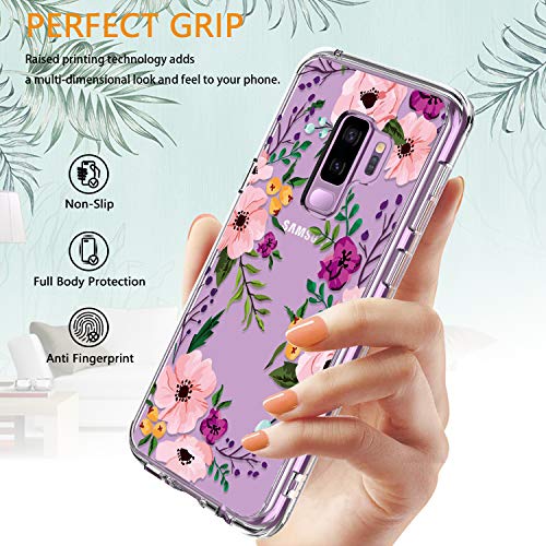 LUHOURI Samsung Galaxy S9 Plus Case Clear with Design for Girls Women,Shockproof Hard PC Cover and Soft TPU Bumper Slim Fit Protective Phone Case for Galaxy S9+ Plus 6.2 inch Purple Blossoms