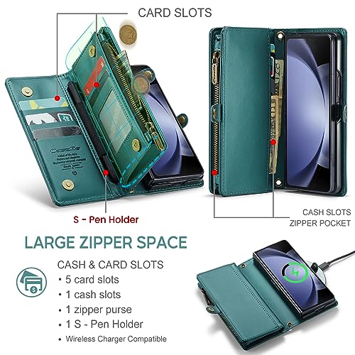 ASAPDOS Samsung Galaxy Z Fold 5 Wallet Case with S Pen Holder,PU Leather Strap Wristlet Flip Case with Magnetic Closure[S-Pen Fully Compatible],Card Holder[RFID Blocking] and Kickstand Blue-Green