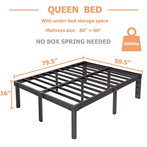 FDLOGW Queen Bed Frame, 16 Inch Queen-Size Bed Frames with Round-Corner Leg, Heavy Duty Steel Slat Mattress Foundation, Easy Assembly, Noise-Free, No Box Spring Needed