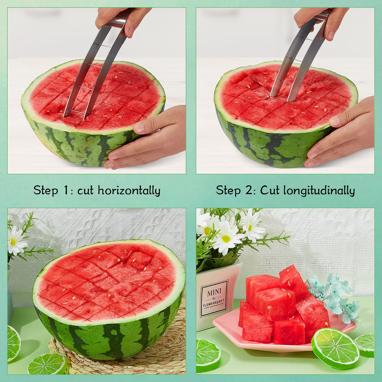 3 Pieces Watermelon Cutter Slicer Tools Stainless Steel Watermelon Cube Cutter Quickly Safe Watermelon Knife Fruit Digging Spoon Fruit Carving Tools for Kitchen Gadget