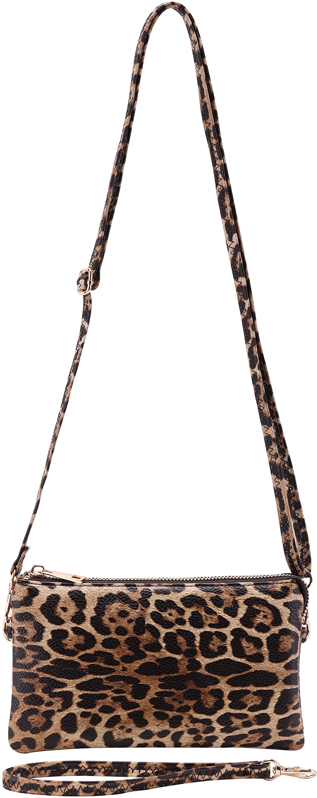 B BRENTANO Vegan Leather Multi-Pocket Crossbody Purse/Clutch with Card Slots, Removable Wristlet & Adjustable Shoulder Strap (Leopard Black)