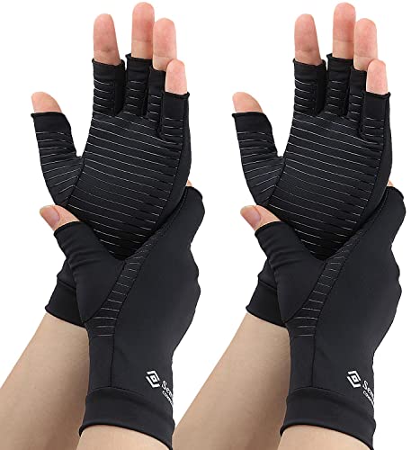 2 Pairs Compression Gloves for Women and Men – Copper Arthritis Gloves for Rheumatoid Arthritis Osteoarthritis Carpal Tunnel – Hand Pain Relief and Support – Open Finger (Black, X-Large (2 Pair))