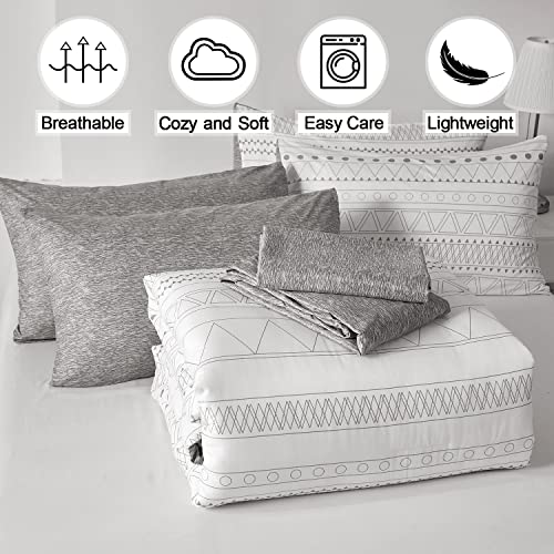 Boho Comforter Set Queen,7 Pieces Bed in a Bag White Grey Comforter Geometric Bedding Set Bohemian Soft Microfiber Queen Size(1 Comforter,2 Pillowcases,1 Flat Sheet,1 Fitted Sheet,2 Pillow Shams)