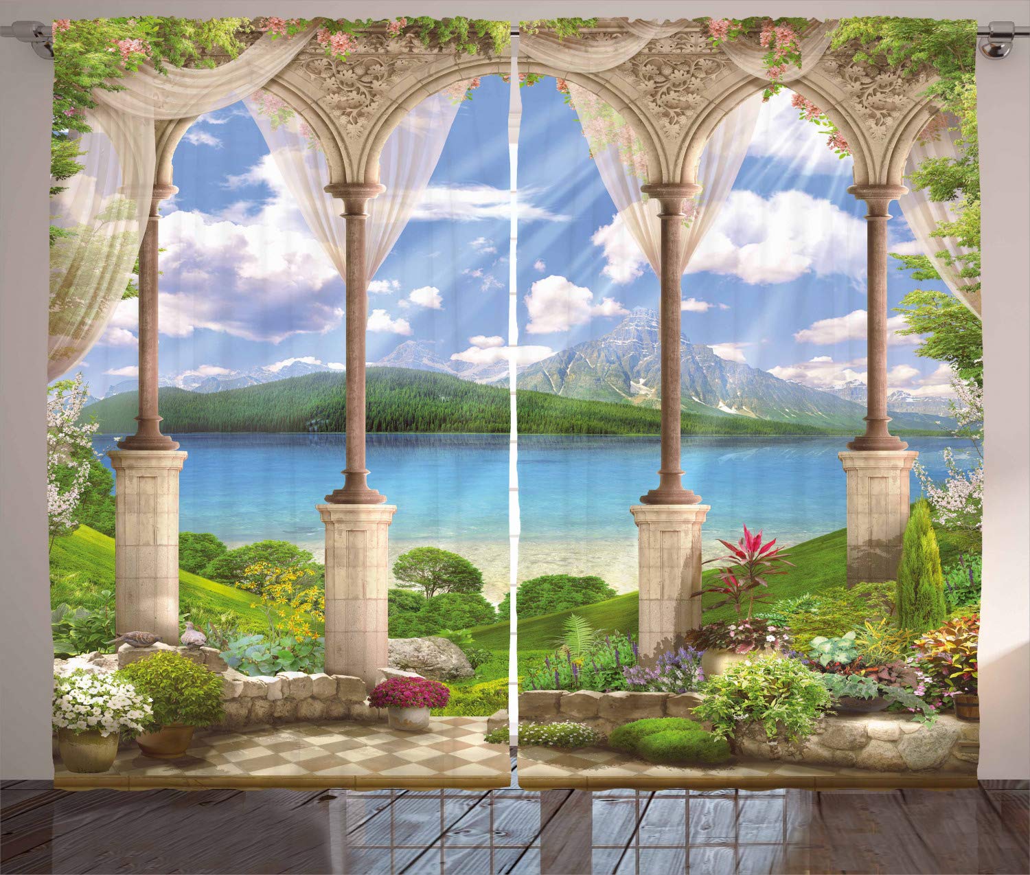 Ambesonne Italian Curtains, Old Stone Arch View The Sea Balcony Fresco Garden Plants Art, Living Room Bedroom Window Drapes 2 Panel Set, 108" X 84", Fern Green
