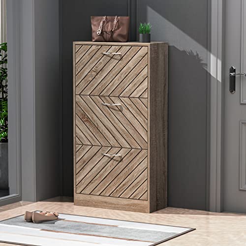 AGOTENI Shoe Cabinet with 3 Flip Drawers, Shoe Storage Organizer with 2-Tier Shelf for Entryway, Freestanding Shoe Rack Storage Organizer, Natural