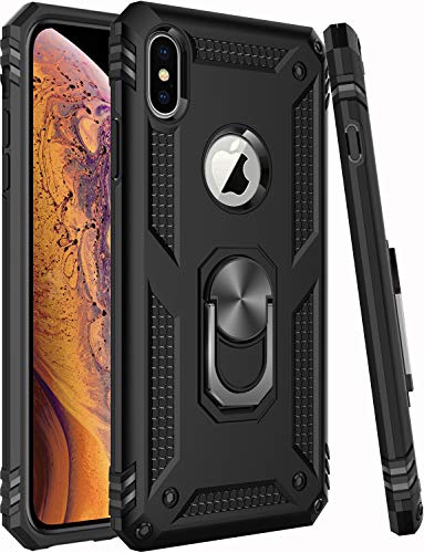 LUMARKE iPhone Xs Max Case with Tempered Glass Screen Protector,iPhone Xs Max Cover Military Grade 16ft. Drop Tested Cover with Magnetic Ring Kickstand Protective Phone Case for iPhone Xs Max Black