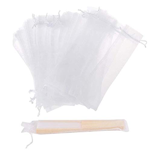 Bezall 50Pcs Organza Hand Fan Bags, 2x10 Inches White Folding Fan Drawstring Bag Hand Fan Decorative Pouch Party Wedding Favor Gift Bags