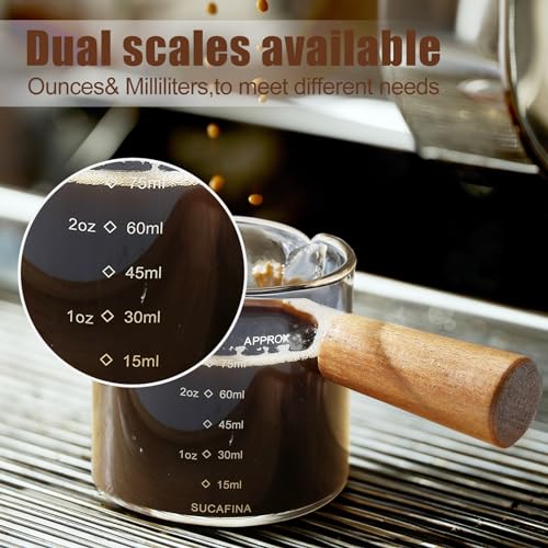 2 Pack Espresso Cups with Wood Handle, Double Spout Glass Measuring Cup with Dual Scale, Espresso Shot Glass with V-Shaped Mouth, Clear Glass Espresso Accessories, Milk Frothing Pitcher 3.52 OZ