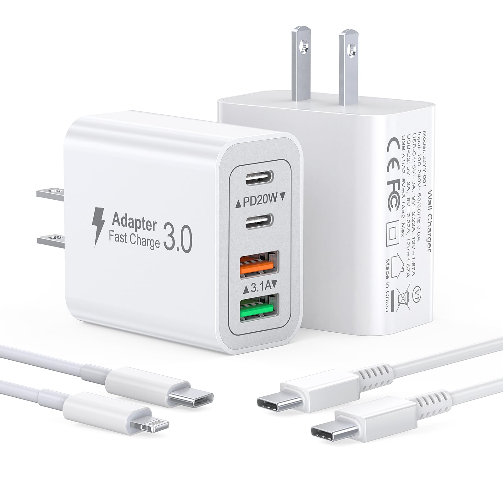 2 Pack USB C Charger, 40W 4-Port Fast USB C Wall Charger Block Dual Port PD+QC Plug Multiport Charging Block for iPhone15 14 13 12 11 Pro Max XS XR 8 7,iPad, Samsung,Tablet(with 2Pack 6.6ft Cable)
