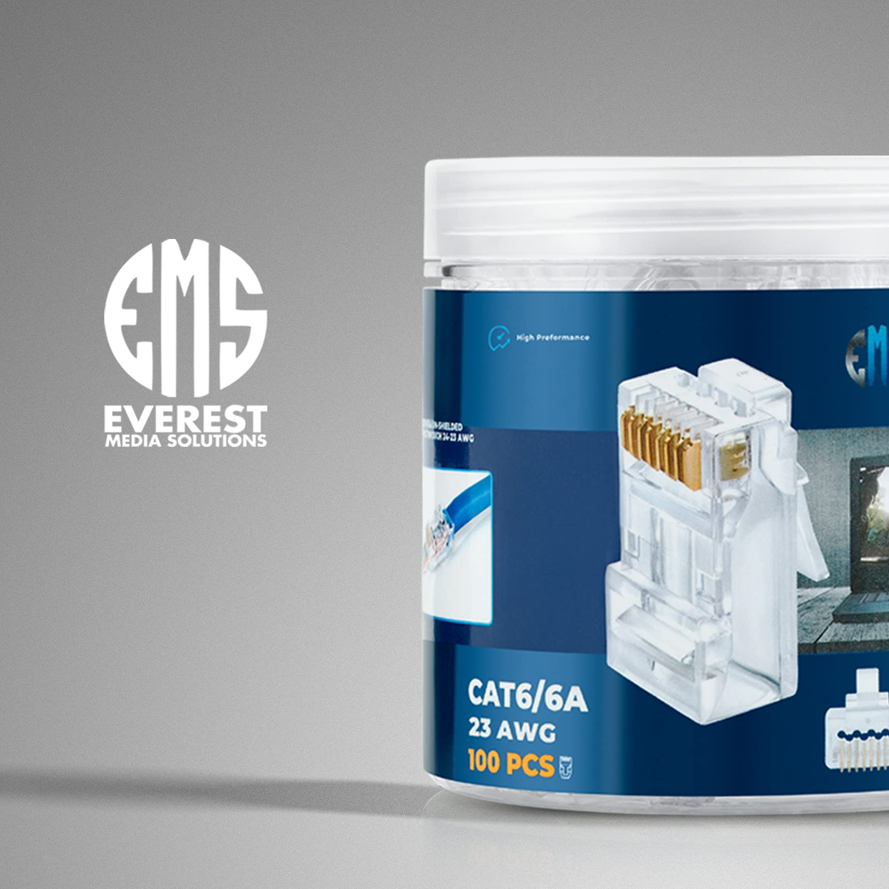 Everest Media Solutions RJ45 Cat6/6a Pass Through Connectors for a Thick 23 AWG Large Diameter UTP Network Cable, 100 Pcs | Insert Guides Included