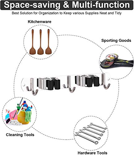 KLJ wall mounted Mop Broom Holder Wall Mount stainless steel，suitable for Home kitchen, bathroom, garage .with 2 shelves and 3 hooks