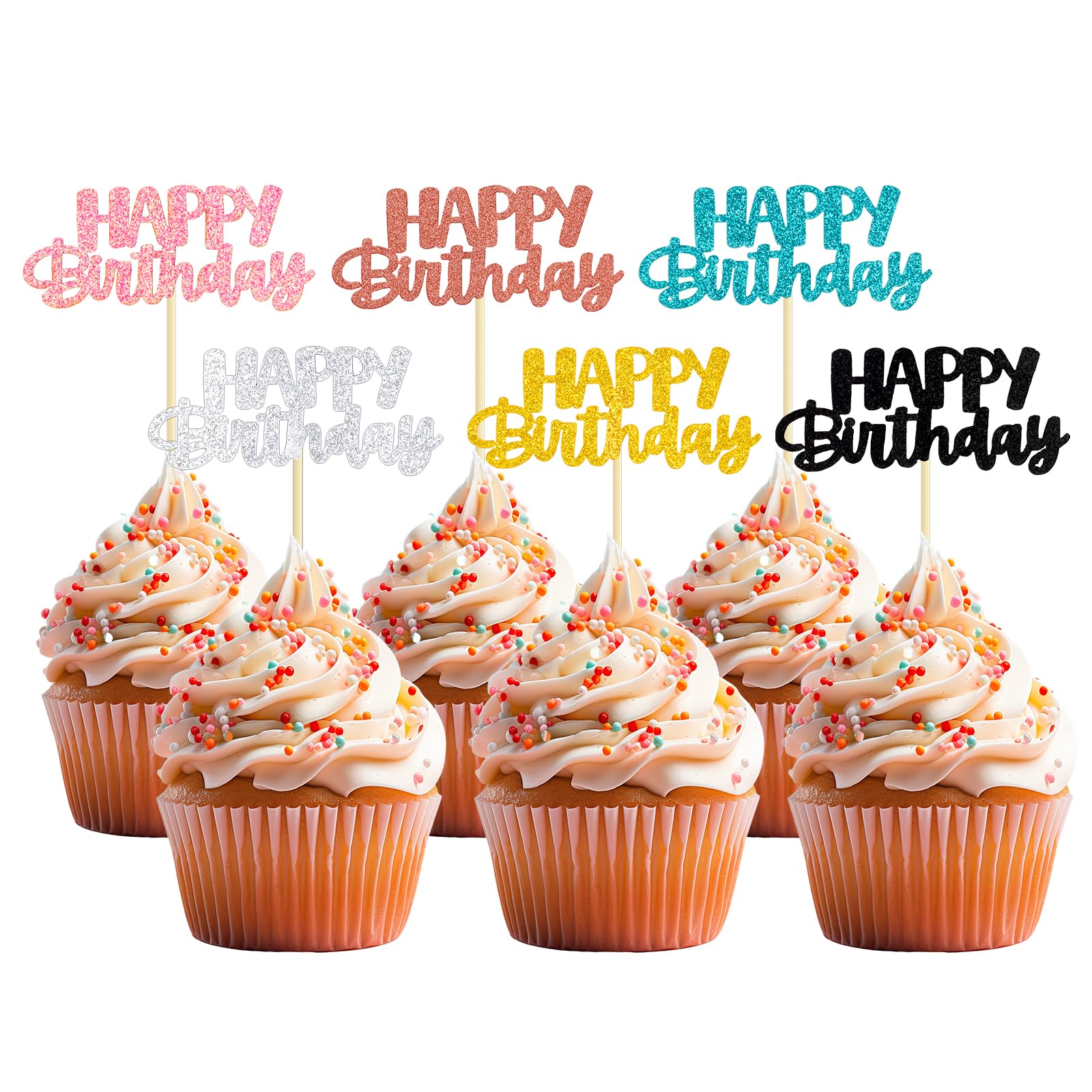 24 pcs Happy Birthday Cupcake Toppers in 6 Colors, Glitter Happy Birthday Cake Toppers for Birthday Party Decorations, Baby Shower Anniversary Party Cake Decorations Supplies