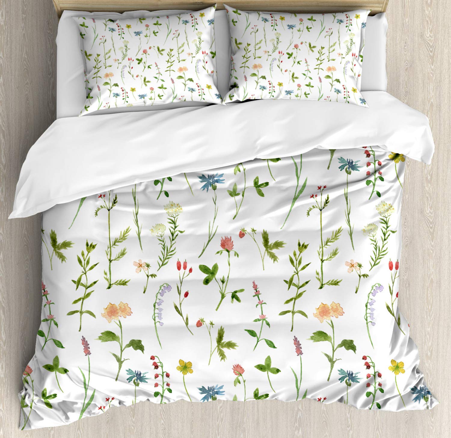 Ambesonne Floral Duvet Cover Set, Spring Season Themed Watercolors Painting of Herbs Flowers Botanical Garden Artwork, Decorative 3 Piece Bedding Set with 2 Pillow Shams, Queen Size, Ivory