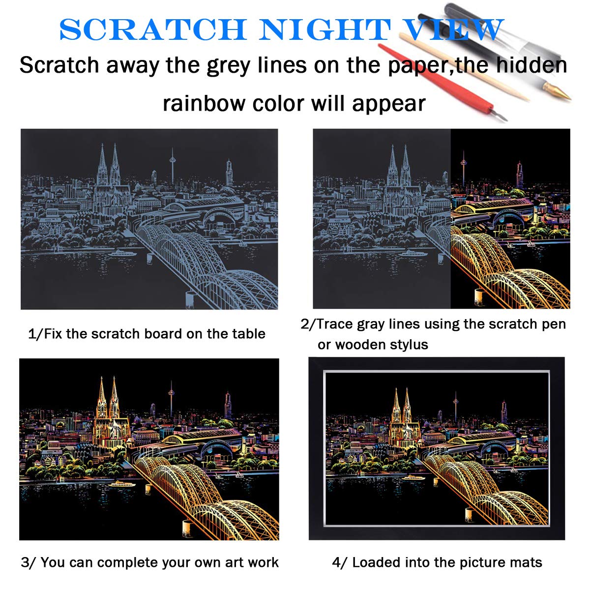 Ameolela Rainbow Scratch Painting Paper, Sketch DIY Art Craft City Series Night View Creative Gift, Scratchboard for Adults and Kids, Craft Kits with 4 Tools, Size 16x11 inches (4 Pack)