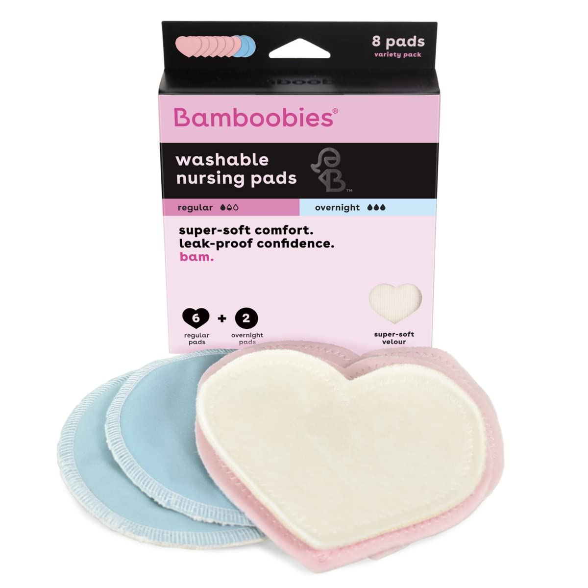 Bamboobies Ultra-Soft Velour Nursing Pads – Reusable, Washable & Leak-Proof – 2 Regular and 2 Overnight Pads for Breastfeeding