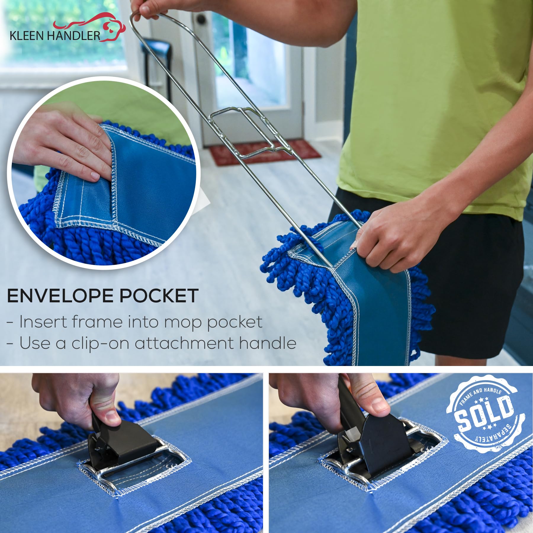 KLEEN HANDLER 36 Inch Microfiber Dust Mop, Large Washable Commercial Dust Mop, Sweeper, Janitorial Dust Mop Head Replacement, Push Mop Broom, Blue