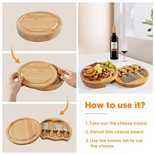 Bamboo Cheese Board and Knife Set,Round Charcuterie Board Set with 4 Knives,Cheese Board Set with Slide-Out Drawer,House Warming Gifts New Home
