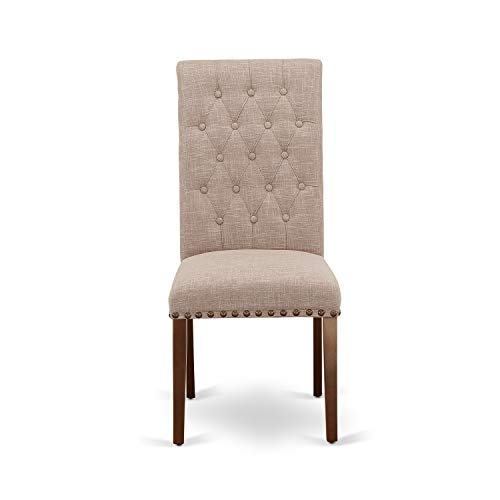 East West Furniture DOBR7-MAH-04 Nook Kitchen Set-Light Fawn Linen Fabric Button-tufted Parsons Chairs-Mahogany Finish 4 legs Hardwood Butterfly Leaf Rectangular Wood Dining Table and Frame, 7-Pc