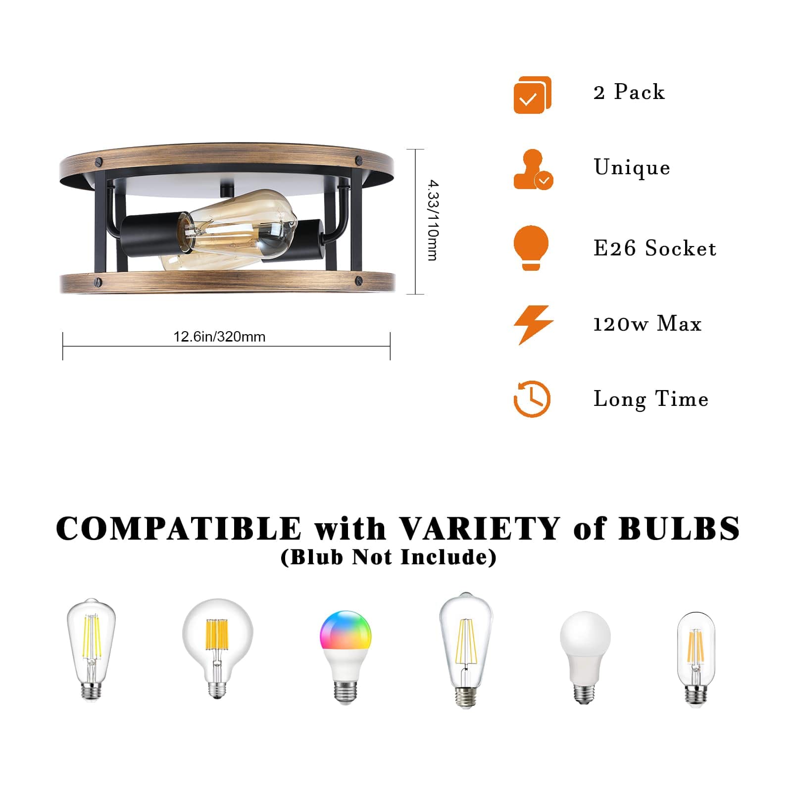2 Pack Farmhouse Ceiling Light Fixture,Super Bright E26 Base 2-Light Hallway Light Fixtures Ceiling,Anti-Corrosion Wood and Black Flush Mount Ceiling Light for Hallway, Kitchen,Entry,Porch Etc