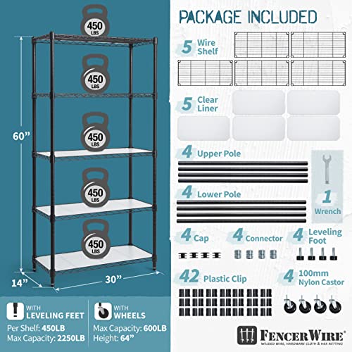 Fencer Wire NSF Commercial Heavy Duty Wire Shelving w/Wheels, Leveling Feet & Liners, Kitchen Storage Shelf, Garage Shelving Storage, Utility Wire Rack Storage Shelves, w/Liner, 30 x 14 x 64 5-Tier