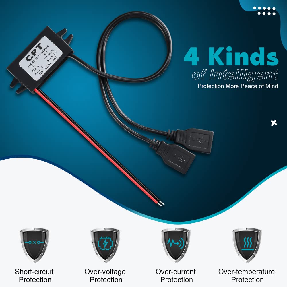 EXTRACTME DC Converter 12V to 5V 3A 15W DC USB Converter Buck Module, DC to DC Regulator Car Power Converter with 2 USB Output Power Adapter