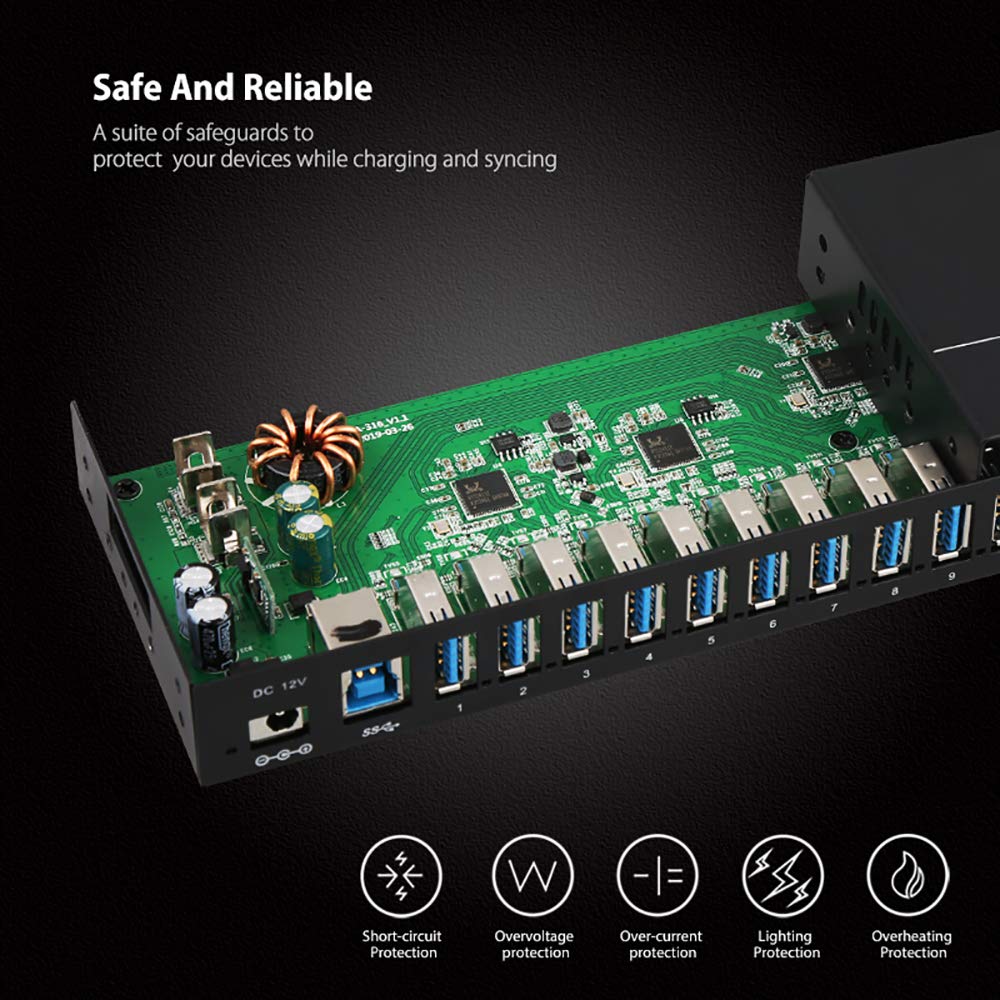 Powered USB Hub - UUSTK 16 Ports 120W USB 3.0 Data Hub - with Mounting Bracket and 12V/10A Power Adapter USB Hub 3.0 Splitter for Laptop, PC, Computer