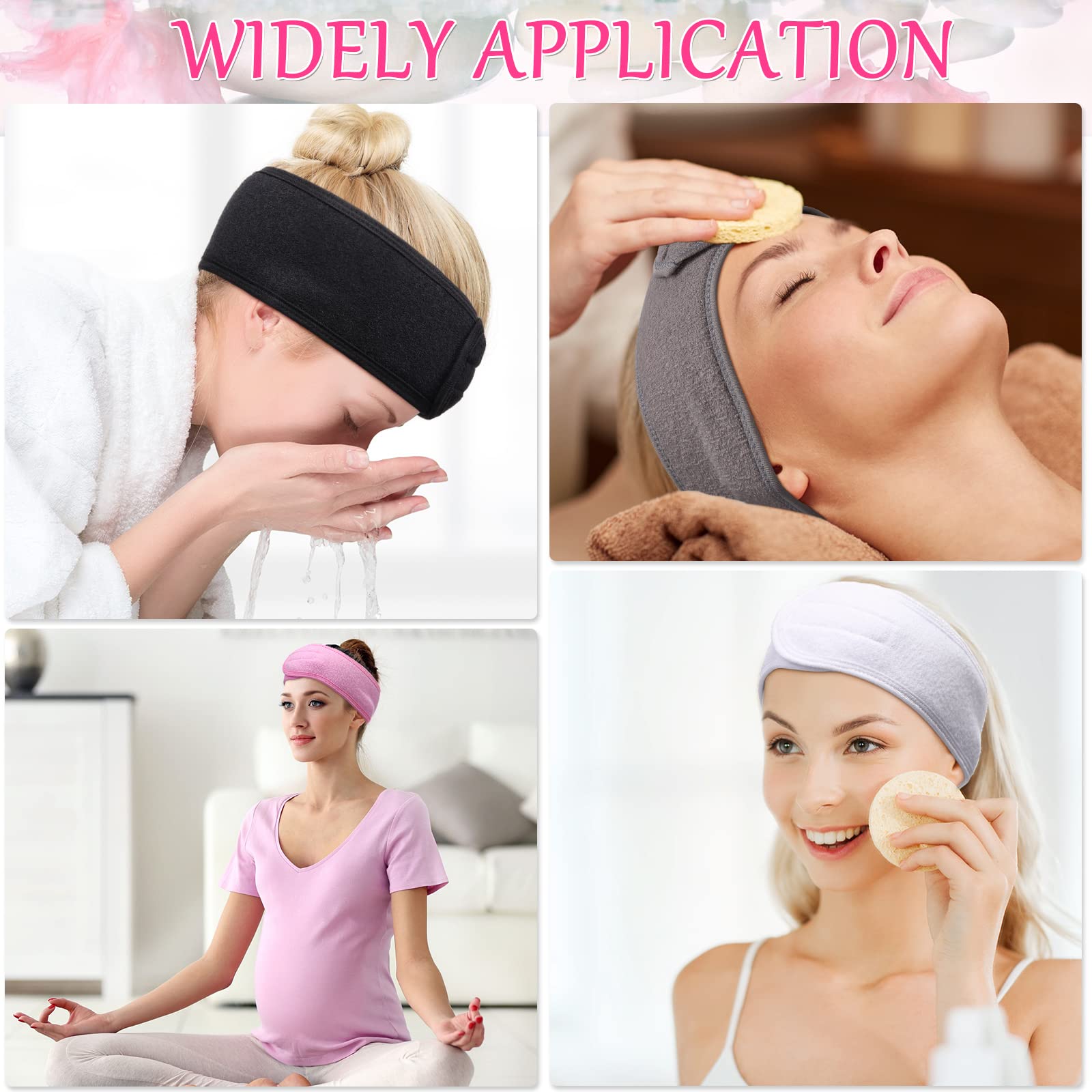 24 Pcs Spa Headband Bulk Makeup Facial Headband for Washing Face, Terry Cloth Headband Head Wraps for Facials, Adjustable Stretch Towel with Hook and Loop Non Slip, White, Pink, Grey, Black