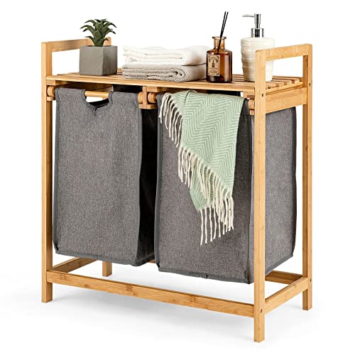 Bamboo Laundry Hamper with Dual Compartments Laundry Sorter and Sliding Bagswith Removable Sliding Bags & Shelf β Wooden Bamboo Laundry Organizer Cabinet for Bathroom (HOOYA1297)