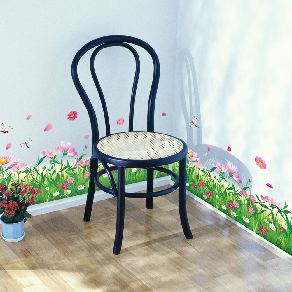 Amaom® Removable Beautiful Nursery Pink Butterfly Flowers Baseboard Wall Decals Murals Home Art Decor Peel Stick Wall Stickers for Wall Corner Kids Room Bedroom Living Room Decorations