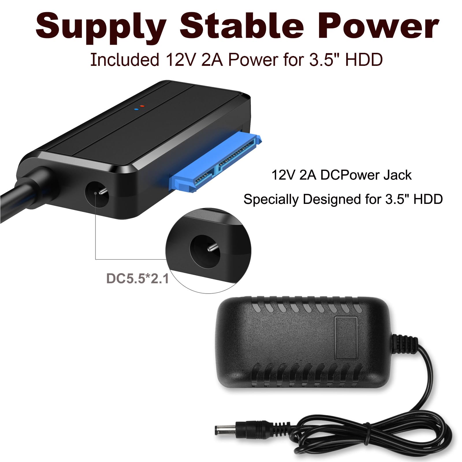 EYOOLD SATA to USB Adapter, High-Speed Data Transfer External Hard Drive Adapter, Data Recovery Converter Compatible with 2.5" and 3.5" SSD, HDDs Includes 12V/2A Power Adapter