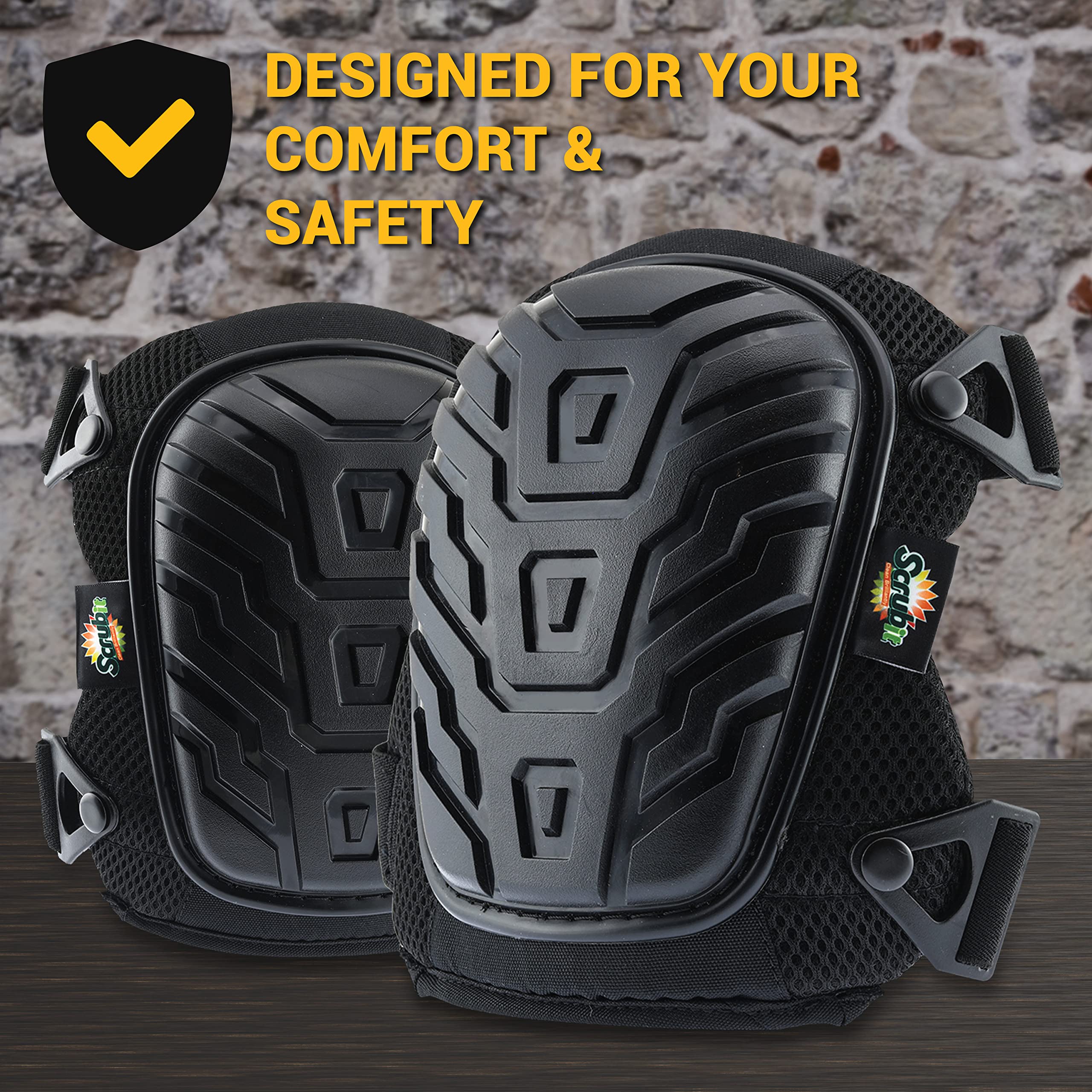 Knee Pads for Work - Universal Fit for Men and Women - Professional Poly-Shield Knee Pads With Gel-Padded Cushion - Construction Knee Protector With Adjustable Buckle Closure & Non-Slip Straps