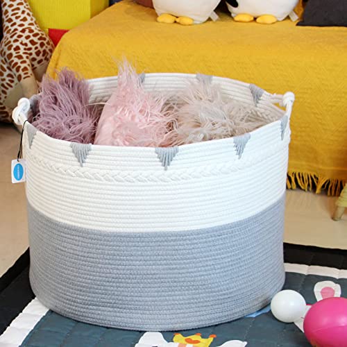 Casaphoria XXXXLarge Cotton Rope Blanket Basket 22in x 22in x 16in Woven Laundry Hamper Laundry Baskets Storage Basket for Towel, Diaper, Laundry Basket(pack of 1), Gray (MB2021046)