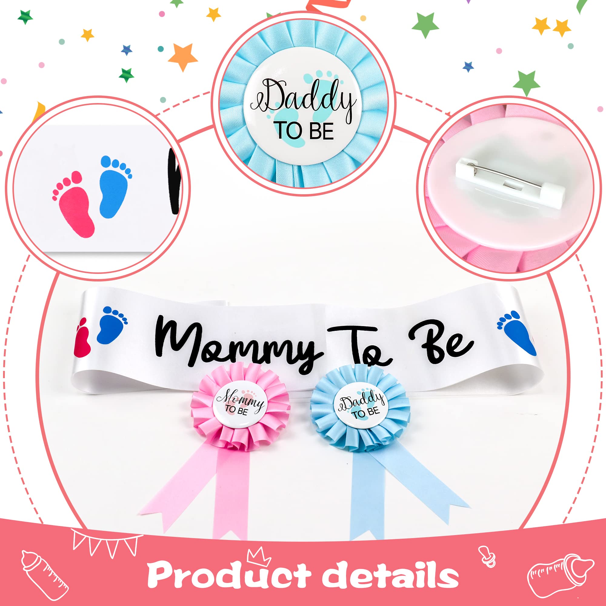 2024 Baby Shower Sash Gifts Mommy to Be Daddy to Be Badge Combo Kit Party Favors Decorations Photo Props New Parents Keepsake, Blue & Pink Spring