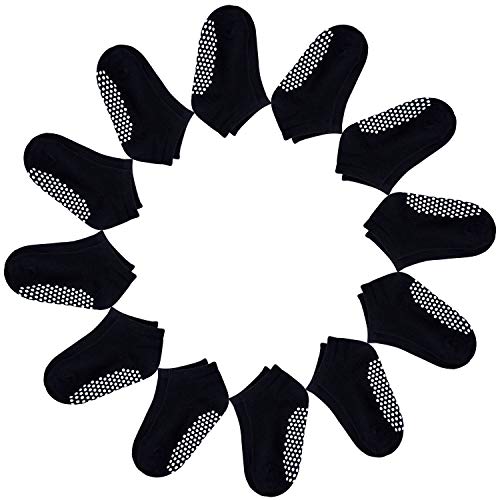 Cooraby 12 Pairs Kids' Non Slip Half Cushion Low Cut Socks Non-Skid Classic Ankle Socks (Black, 3-5 Years)