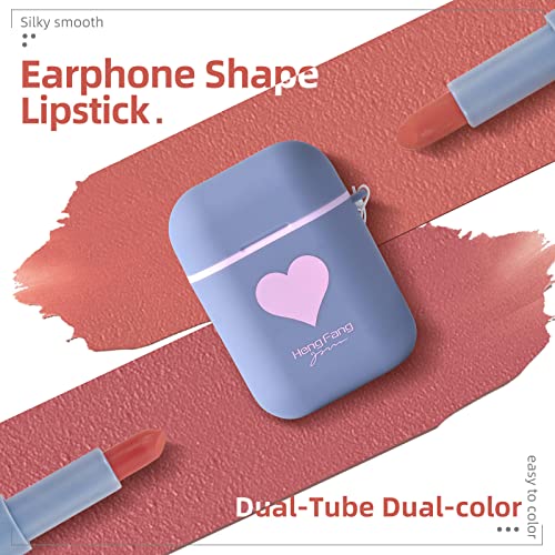 LAMUSELAND Matte Lipstick, 2Pcs/Set Waterproof Long Lasting Moisturizing Lip Stain Earphone Dual-color Lip Tint Gloss, Non-stick Cup Lip Make Up Gift Kit for Girls (Blue)